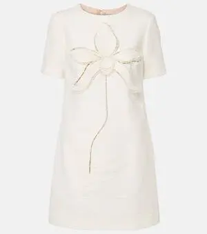 Oscar De La Renta Orchid Embroidered Tweed Dress - White