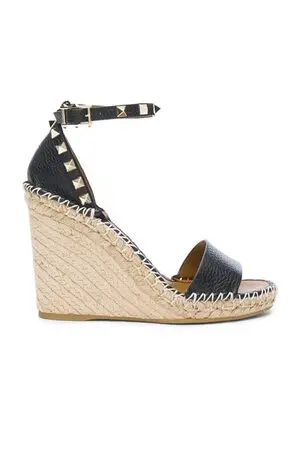 Valentino Garavani Leather Rockstud Espadrille Wedges - Black