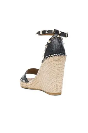 Valentino Garavani Leather Rockstud Espadrille Wedges - Black