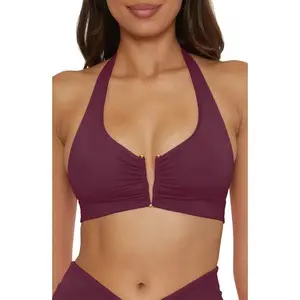 BECCA® By Rebecca Virtue Shirred V-wire Halter Bikini Top - Aubergine