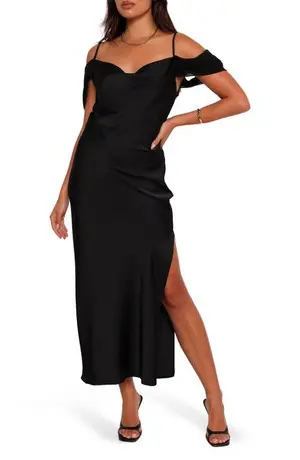 PETAL & PUP Reyna Off-the-shoulder Satin Maxi Dress