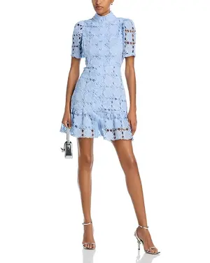 Aqua Floral Lace Mock Neck Mini Dress - Ice Blue