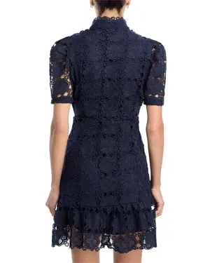 Aqua Floral Lace Mock Neck Mini Dress - Navy