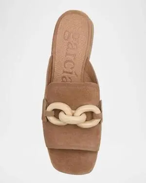 PEDRO GARCIA Enna Suede Loafer Mules With Chain Accent - Beige