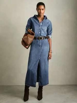 REISS Terra Petite Denim Button-through Midi Dress - Indigo