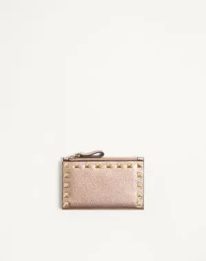 Valentino Garavani Rockstud Laminated Grainy Calfskin Card Holder With Zip Rose Cannelle