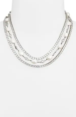 VIDAKUSH Freshwater Pearl And Cubic Zirconia Layered Choker - Silver