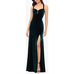 BLONDIE NITES Slit Velvet Gown - Hunter