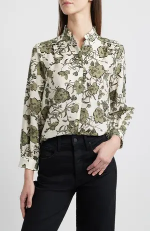 Caslon Ruffle Collar Button-up Shirt - Ivory- Green Small Floral