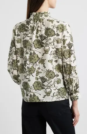 Caslon Ruffle Collar Button-up Shirt - Ivory- Green Small Floral