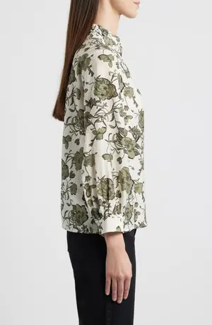 Caslon Ruffle Collar Button-up Shirt - Ivory- Green Small Floral