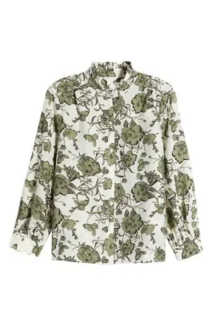 Caslon Ruffle Collar Button-up Shirt - Ivory- Green Small Floral