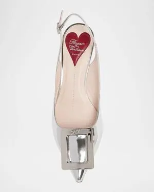 ROGER VIVIER Virgule Metallic Buckle Slingback Pumps - Silver