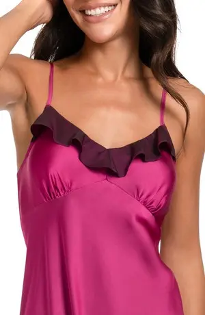 MIDNIGHT BAKERY Ruffle Trim Satin Chemise & Thong Set