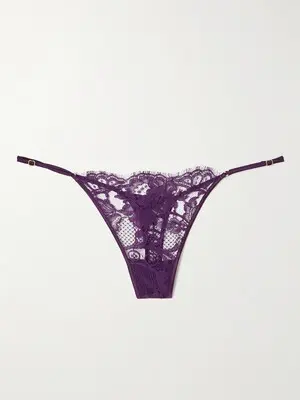 Kiki De Montparnasse Camille Stretch-silk Satin-trimmed Organic Cotton-lace Thong - Purple