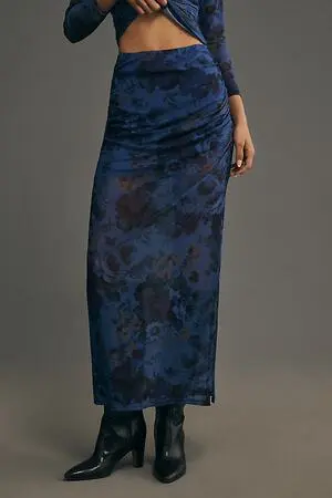Maeve Fitted Ruched Mesh Maxi Skirt - Blue