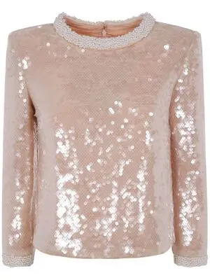 SELF-PORTRAIT Pearl Trim Sequin Top - Neutrals
