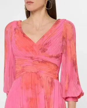 Rickie Freeman For Teri Jon Pleated Abstract-print Chiffon Midi Dress - Pink Multi