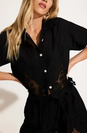Vitamin A® Floral Broderie Crop Shirt - Black