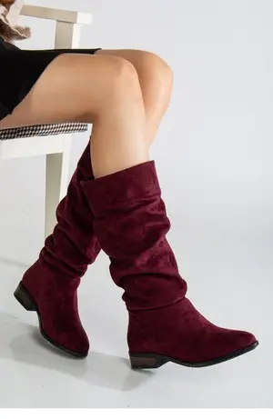 FOREVER & ALWAYS SHOES Maribel Knee High Slouch Boots - Burgundy Suede