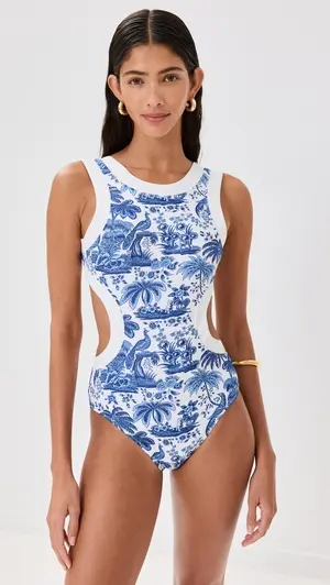 Staud Dolce One-piece Swimsuit - Blue Toile
