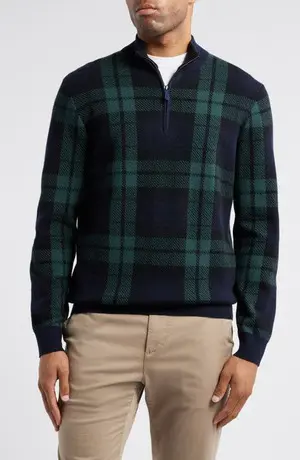 Vineyard Vines Boathouse Plaid Quarter Zip Wool & Cotton Sweater