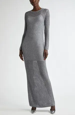 St. John Sequin Mesh Knit Gown - Silver