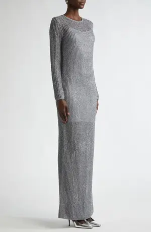 St. John Sequin Mesh Knit Gown - Silver