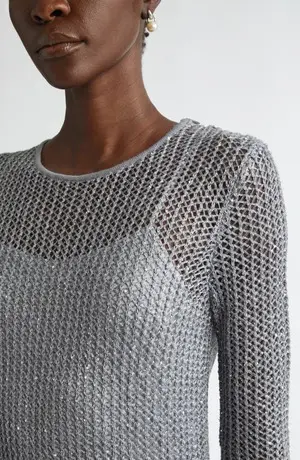 St. John Sequin Mesh Knit Gown - Silver