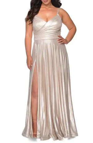 La Femme Metallic Jersey Gown - Silver