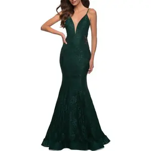 La Femme Long Mermaid Lace Dress - Emerald