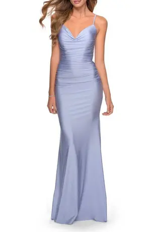 La Femme Form Fitting Jersey Gown - Light Periwinkle