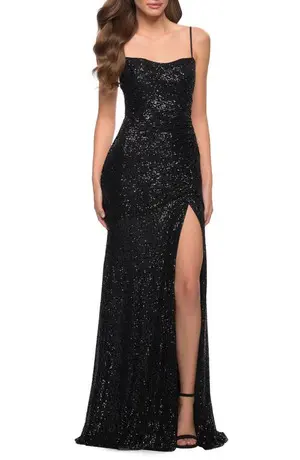 La Femme Sequin Gown With Lace-up Back - Black