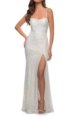 La Femme Sequin Gown With Lace-up Back - White