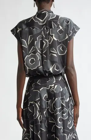 St. John Cubist Floral Cap-sleeve Top