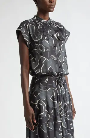 St. John Cubist Floral Cap-sleeve Top