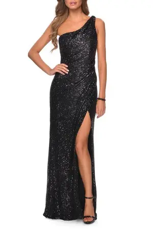 La Femme Sequin One Shoulder Gown - Black