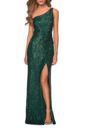 La Femme Sequin One Shoulder Gown - Emerald