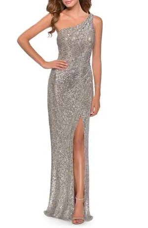 La Femme Sequin One Shoulder Gown - Silver