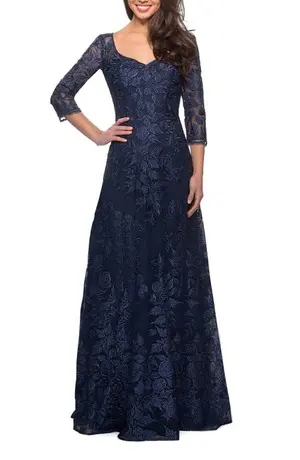 La Femme Lace A-line Gown - Navy