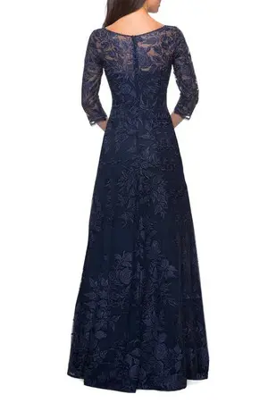 La Femme Lace A-line Gown - Navy