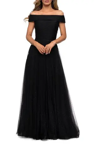 La Femme Tulle Rhinestone A-line Gown - Black