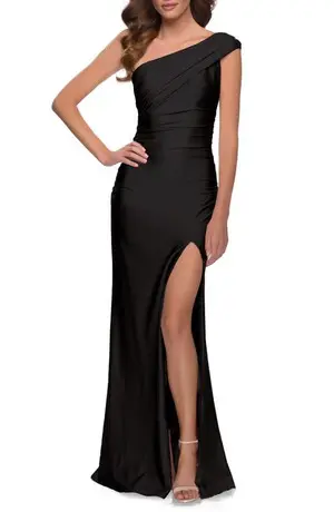 La Femme One-shoulder Ruched Jersey Gown - Black