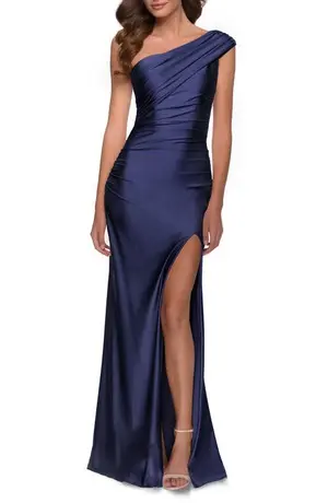 La Femme One-shoulder Ruched Jersey Gown - Navy
