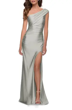 La Femme One-shoulder Ruched Jersey Gown - Silver