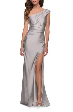 La Femme One-shoulder Ruched Jersey Gown - Silver