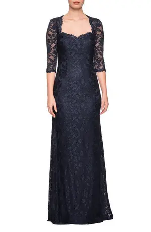 La Femme Long Lace Gown With Sweetheart Neckline - Navy