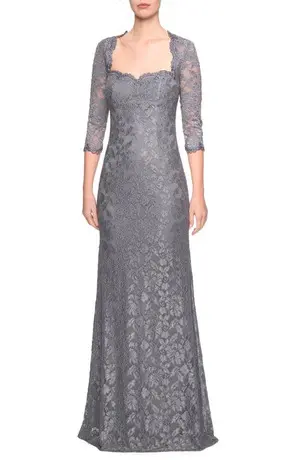La Femme Long Lace Gown With Sweetheart Neckline - Platinum