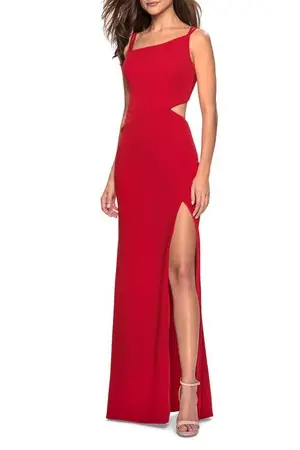 La Femme Asymmetrical Jersey Prom Dress - Red