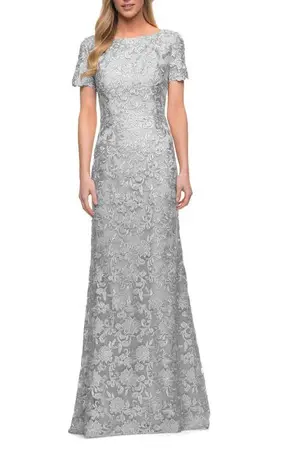 La Femme Lace Gown With Short Sleeves - Silver